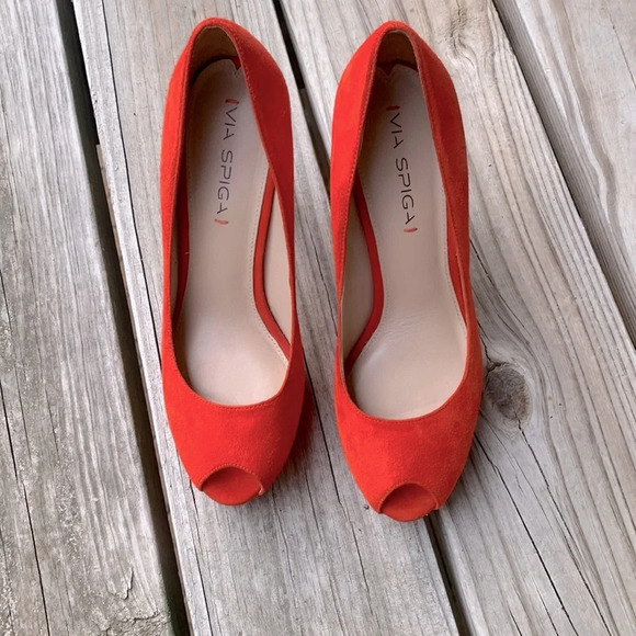 Via Spiga | Shoes | Via Spiga Peep Toe Flame Orange Red Suede Heels ...